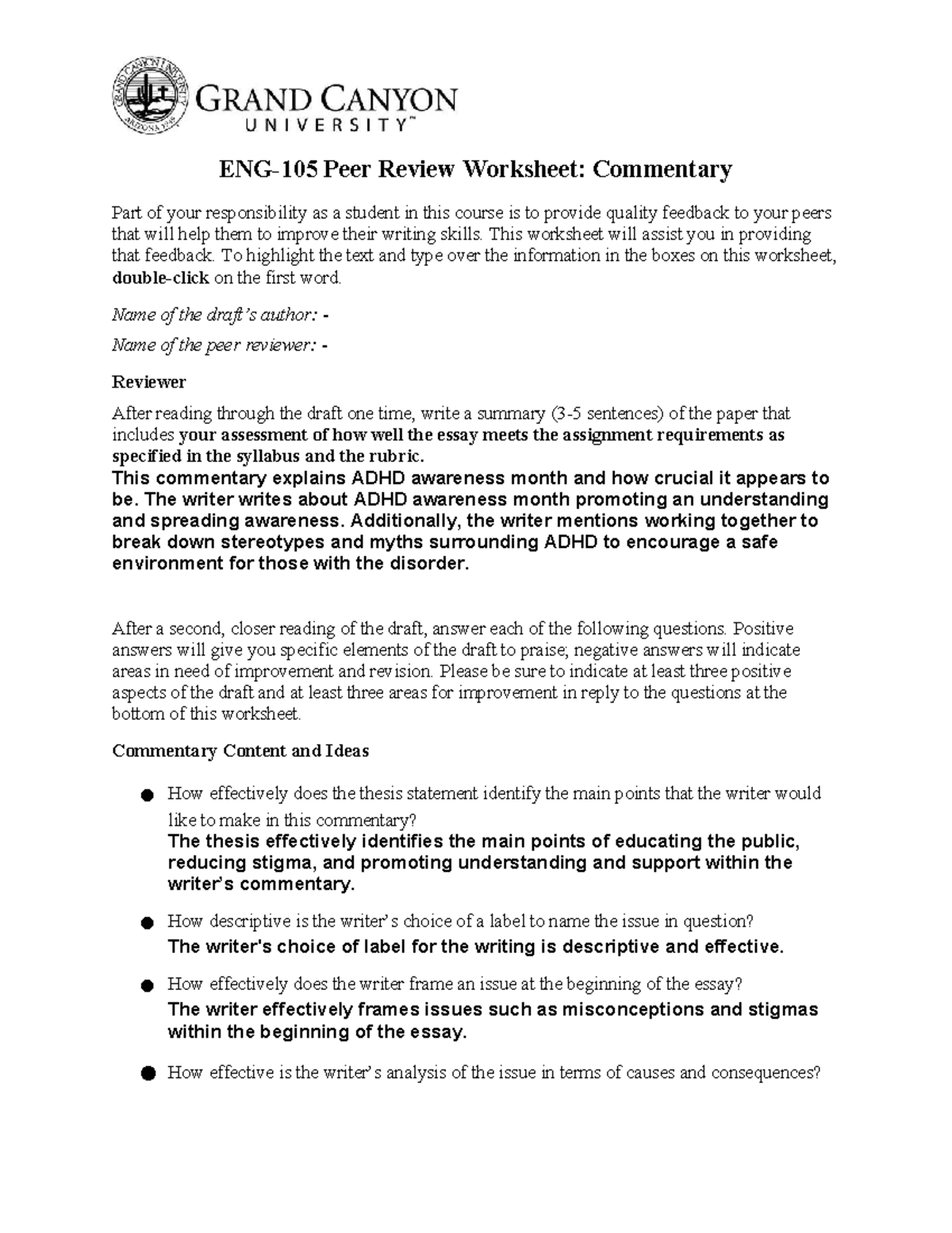 T6 Peer-review Worksheet (ENG-105) - ENG-105 Peer Review Worksheet ...
