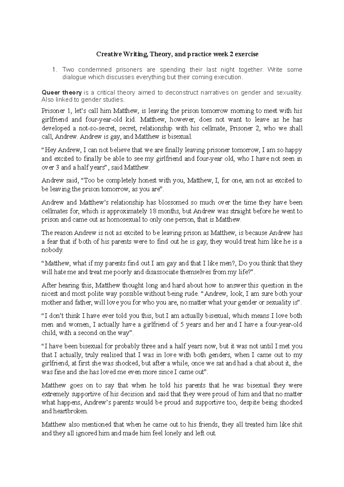 Creative writing theory and practice week 2 excerise - Creative Writing ...