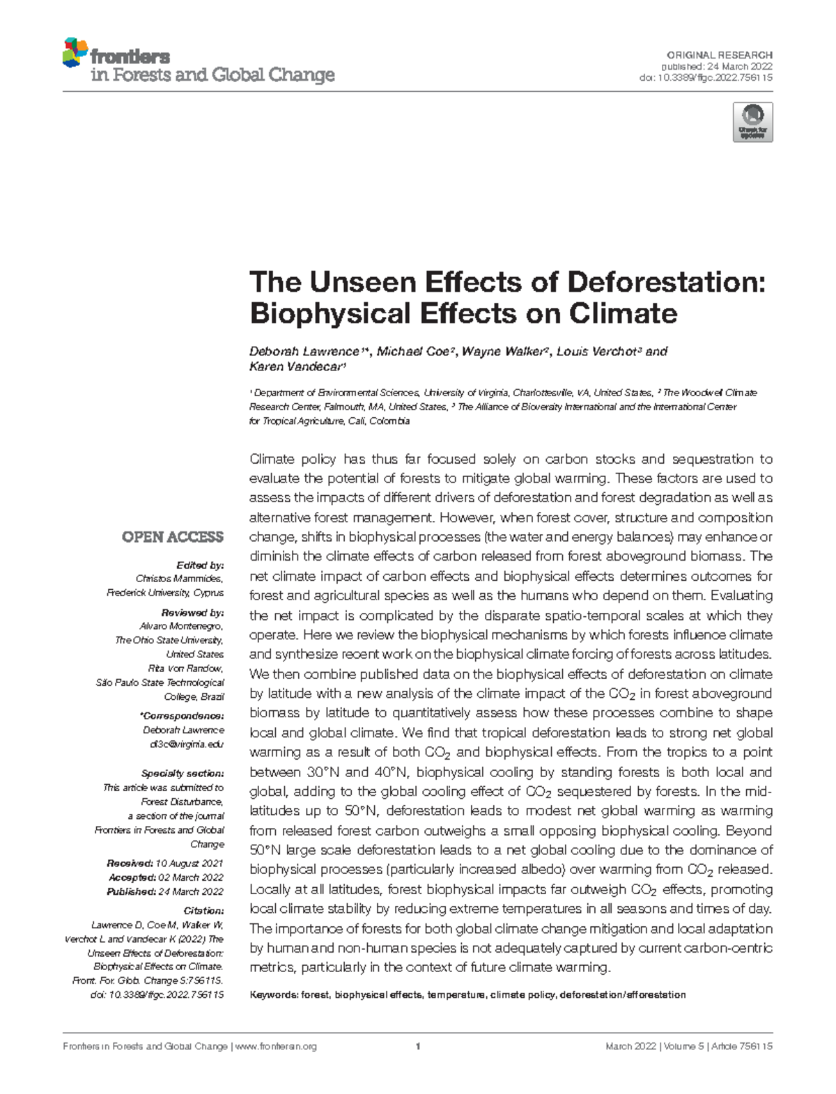 Deforestation - N/A - ORIGINAL RESEARCH published: 24 March 2022 doi ...