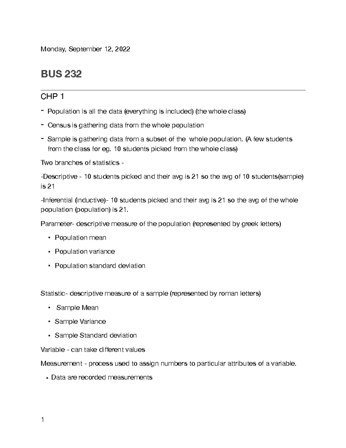 BUS 232 chp 1 - lecture 1 notes - Monday, September 12, 2022 BUS 232 ...