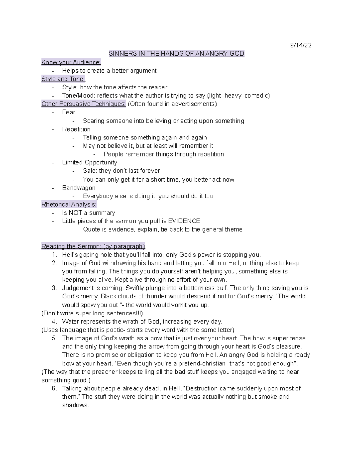 ENG- Sermon Rhetorical Analysis Guidelines Notes - 9/14/ SINNERS IN THE ...