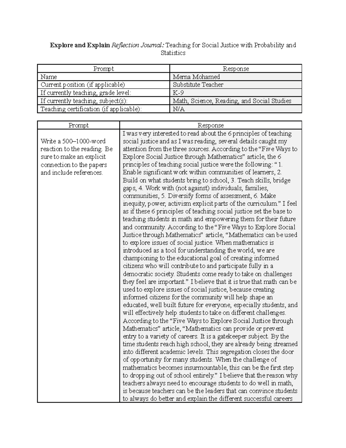 Explore and Explain Reflection Journal Teaching for Social Justice with ...