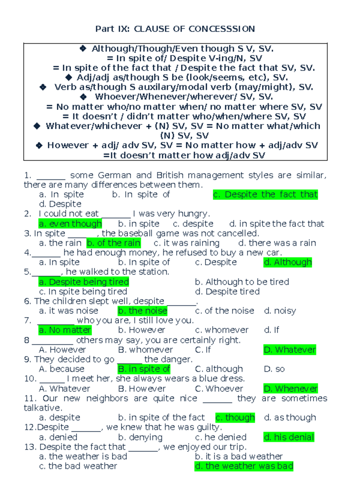 Clause of concession - Part IX: CLAUSE OF CONCESSSION Although/Though ...
