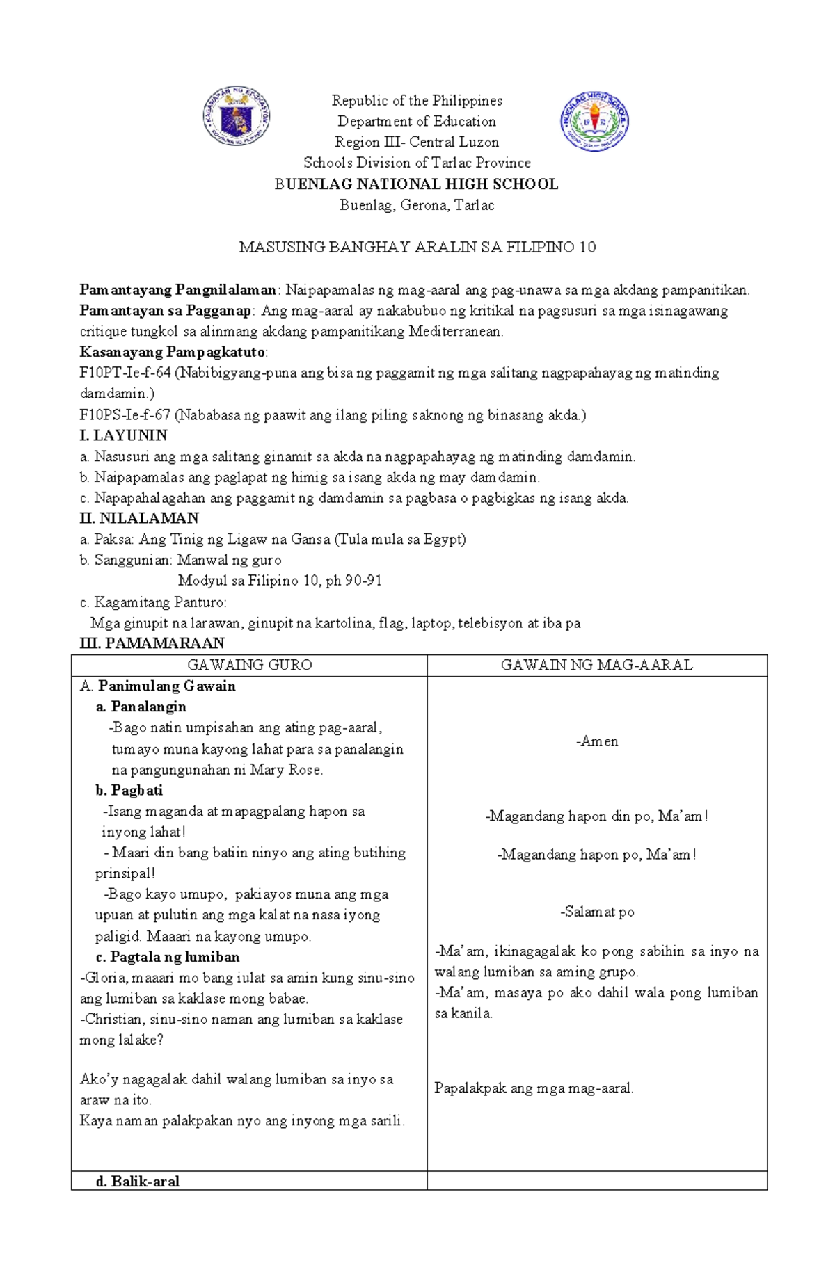 449282438 Detailed Lesson Plan Fil 10 4th Q Tula - Republic of the ...