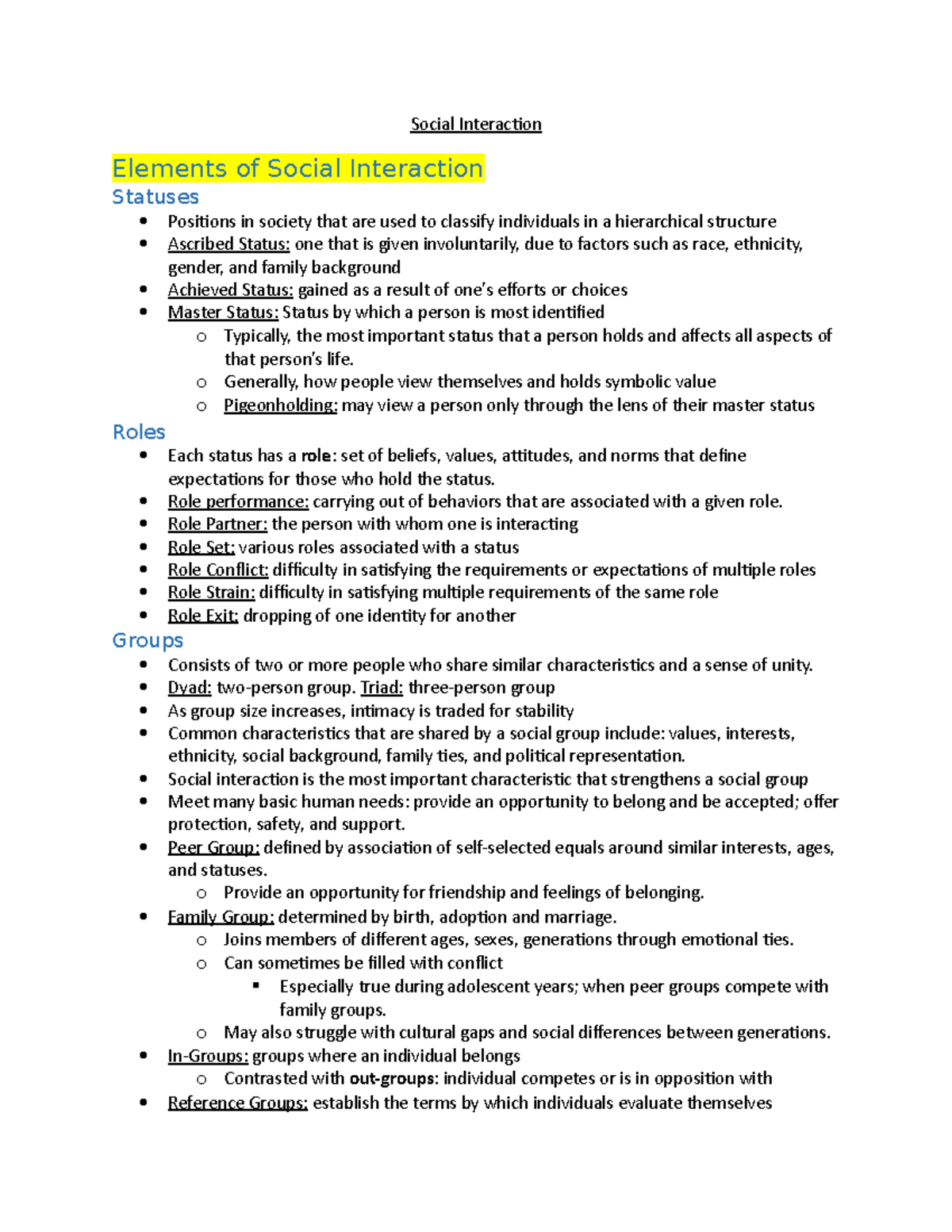 Social Interaction - These are intro to sociology notes. - Social ...