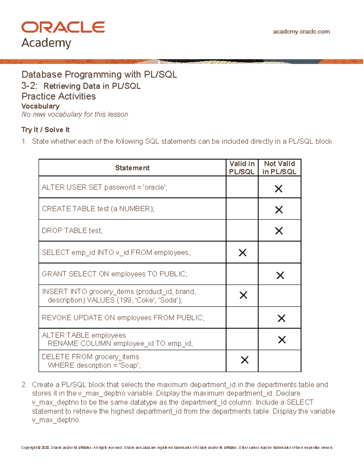 Plsql 3 2 Practice 1 Practica De Clase Copyright © 2020 Oracle Andor Its Affiliates All