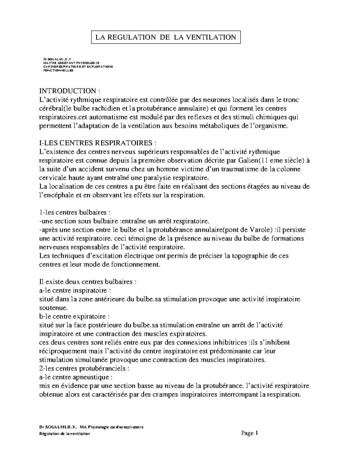 C14 Regulation DE LA Ventilation - Dr SOUALMI .Y, MA Physiologie ...