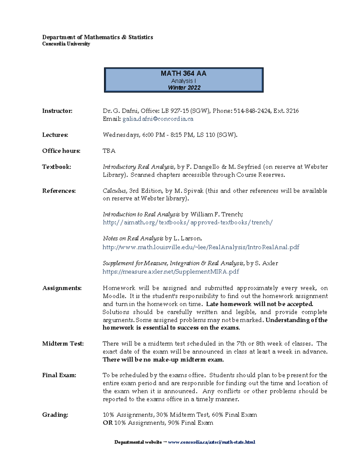 MATH364 - Course Outline for Winter 2022 - Departmental website concordia/artsci/math-stats.html ...