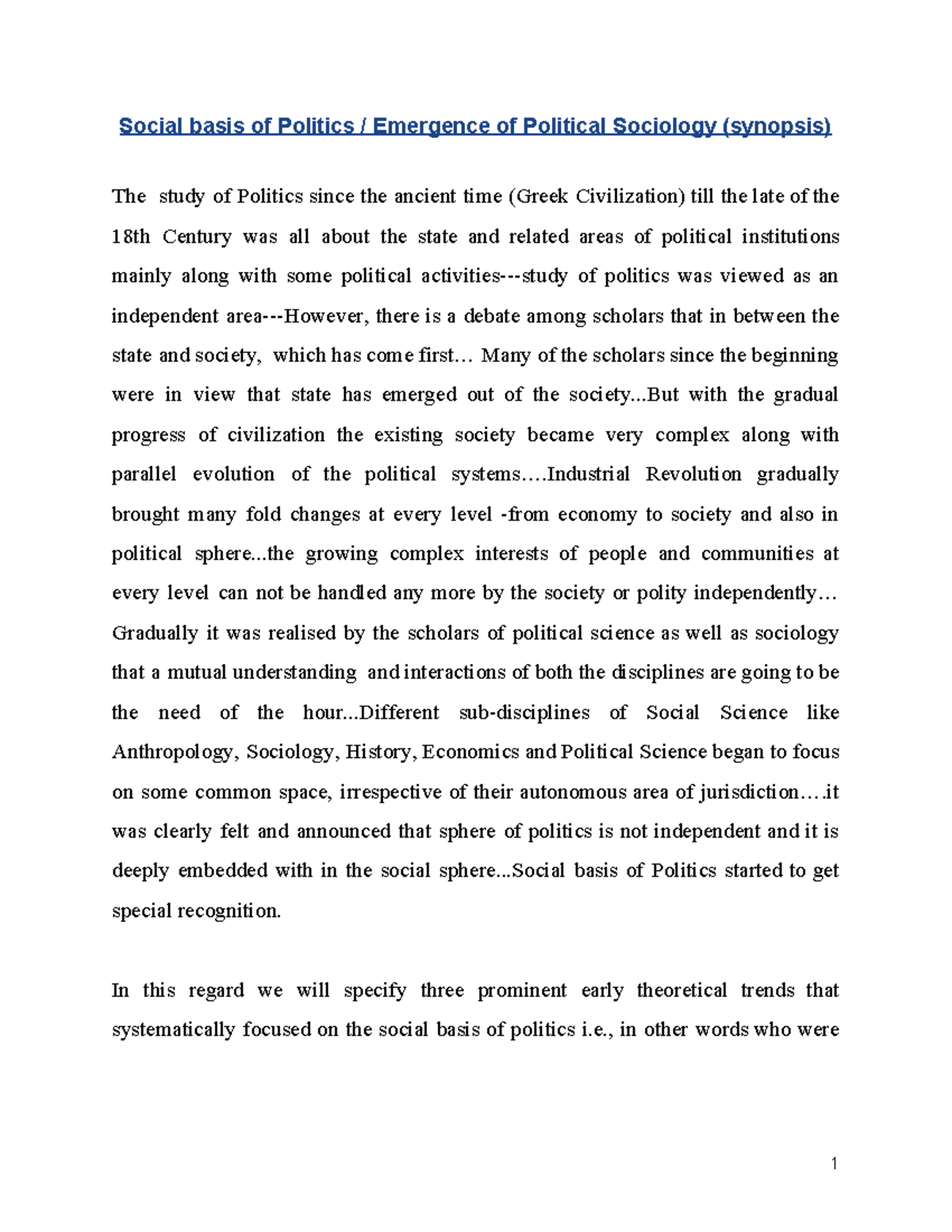 Social bases of Politics Emergence of Political Sociology - Social ...