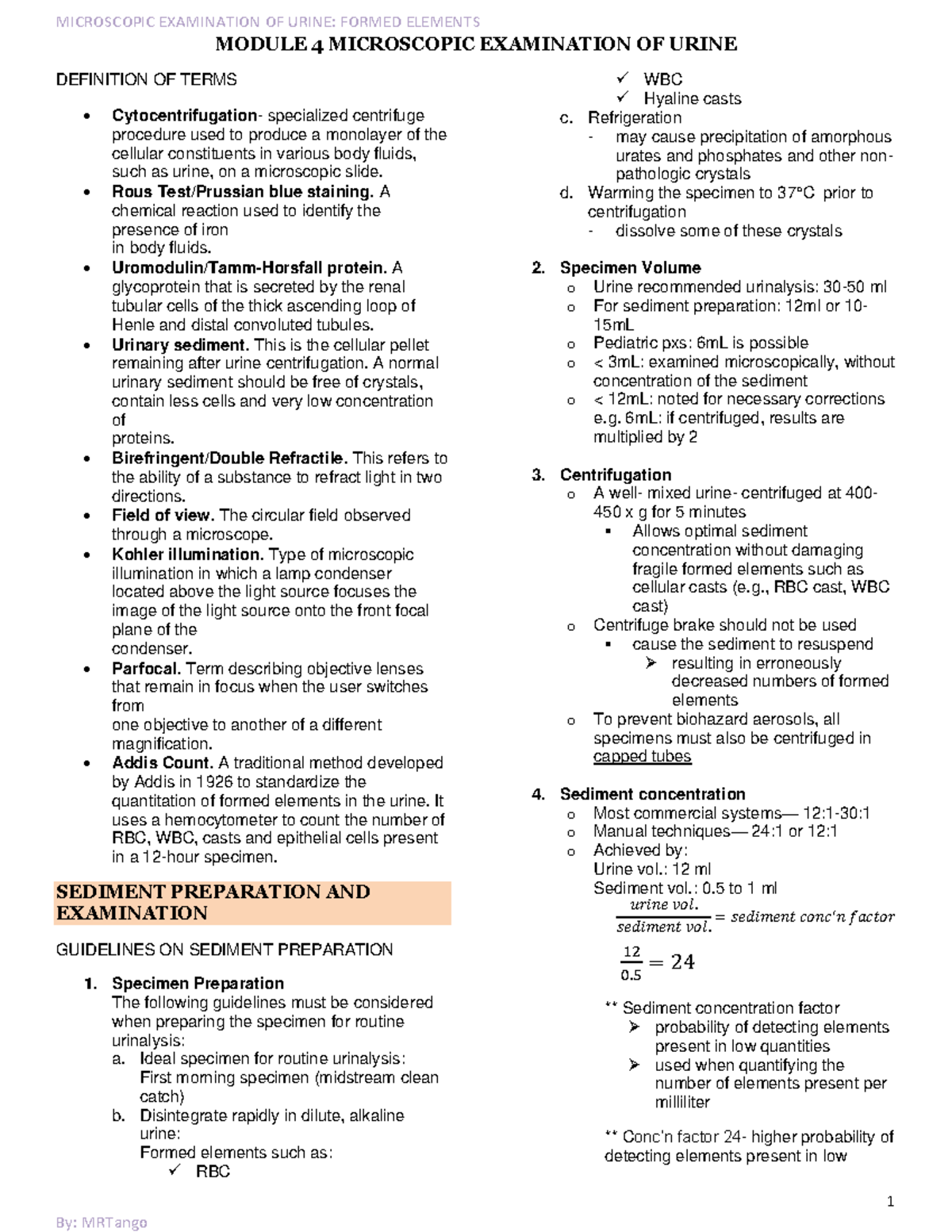 M4U1 Microscopic Examination OF Urine; Formed Elements - 1 MODULE 4 ...