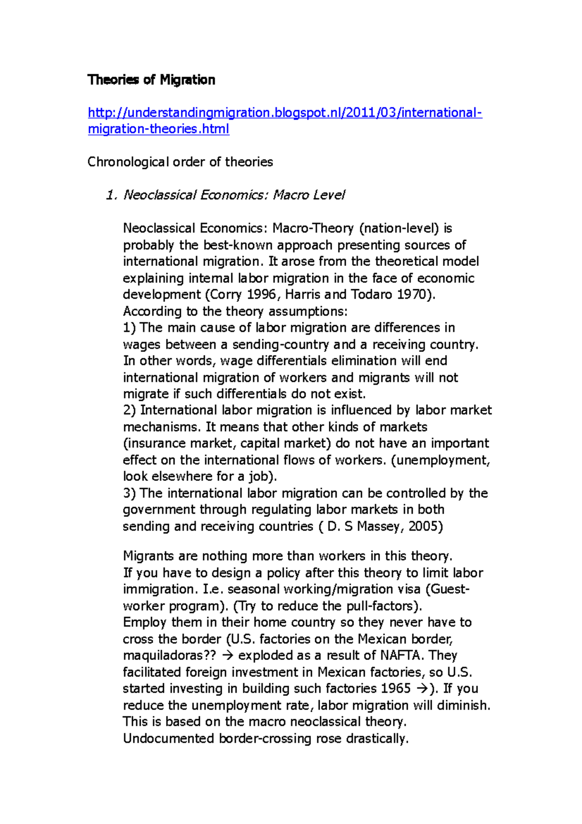 2A Migration Theories Sheets - Theories of Migration - Studeersnel