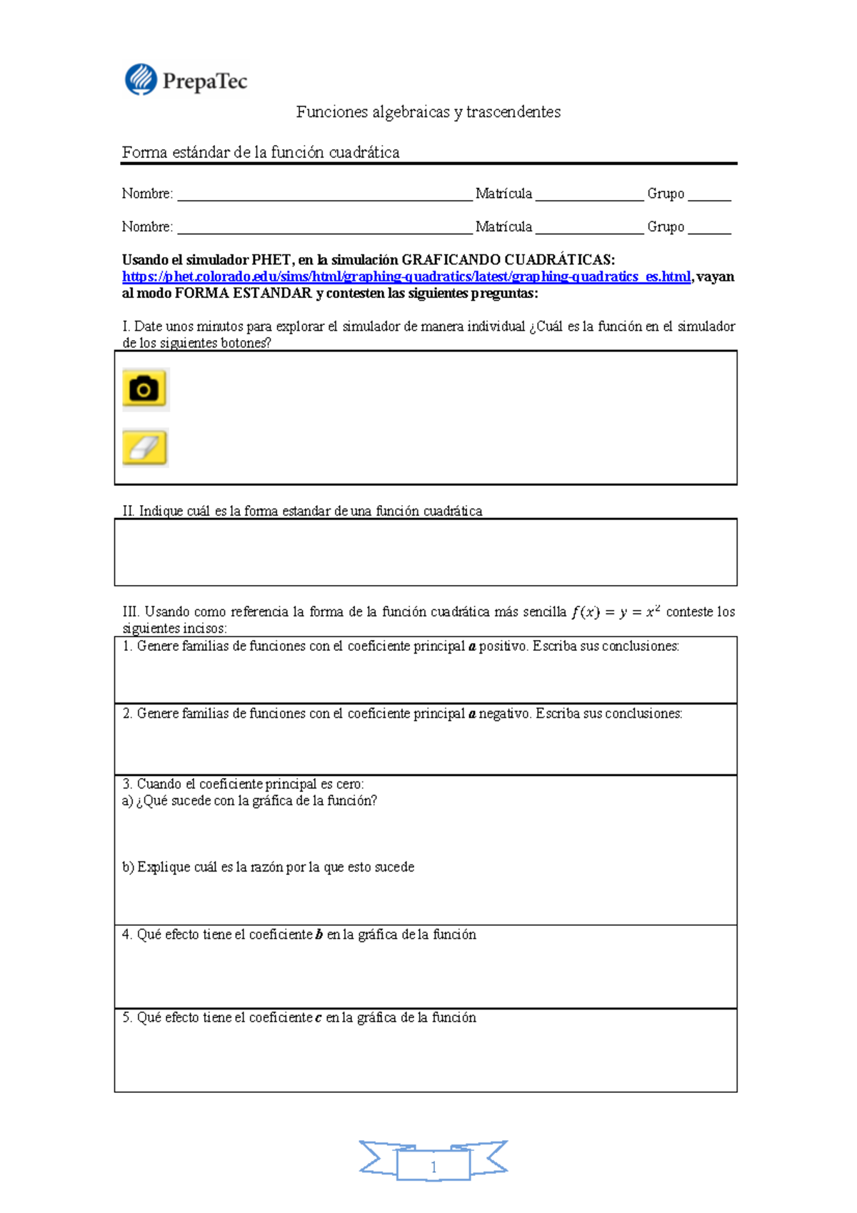 Forma estandar de la función cuadrática - 1 Funciones algebraicas y ...