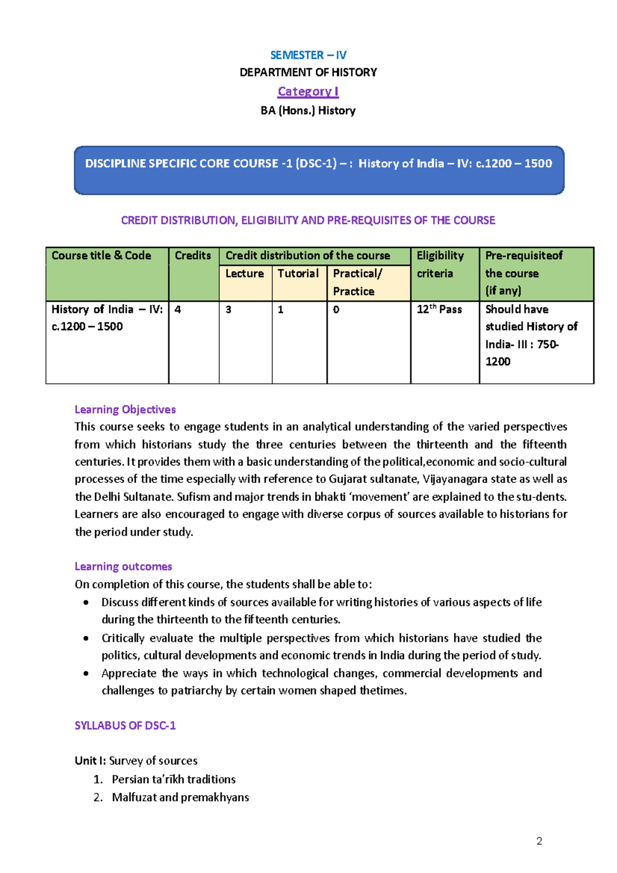 History Hons Sem IV - Syllabus Semester 4 - SEMESTER – IV DEPARTMENT OF ...