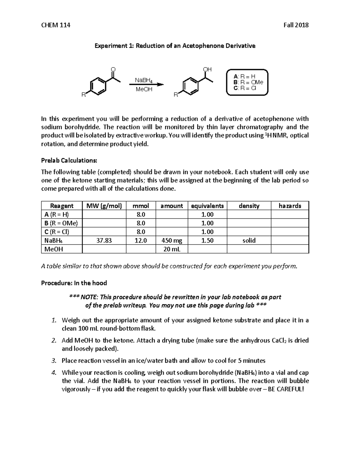 Experiment 1 Practical - CHEM 114 Fall 2018 Experiment 1: Reduction of ...