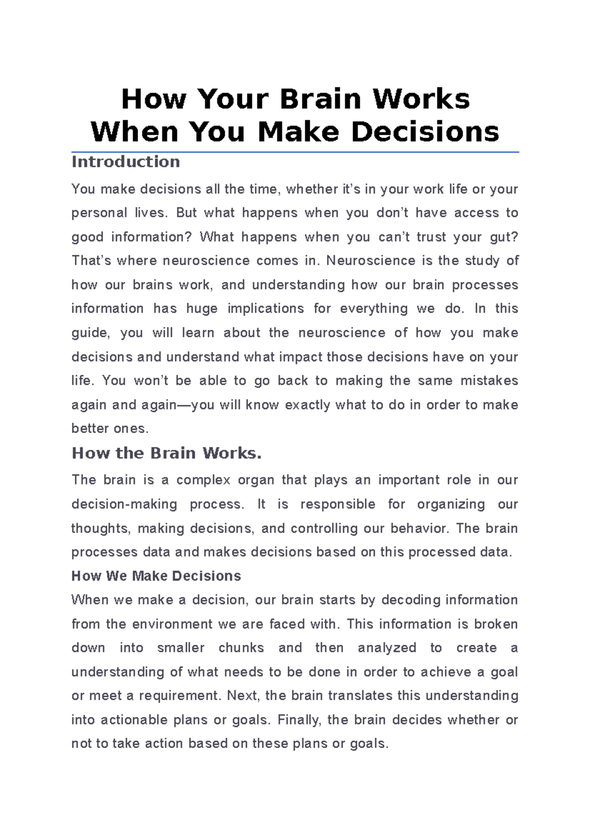 How Your Brain Works When You Make Decisions - How Your Brain Works ...