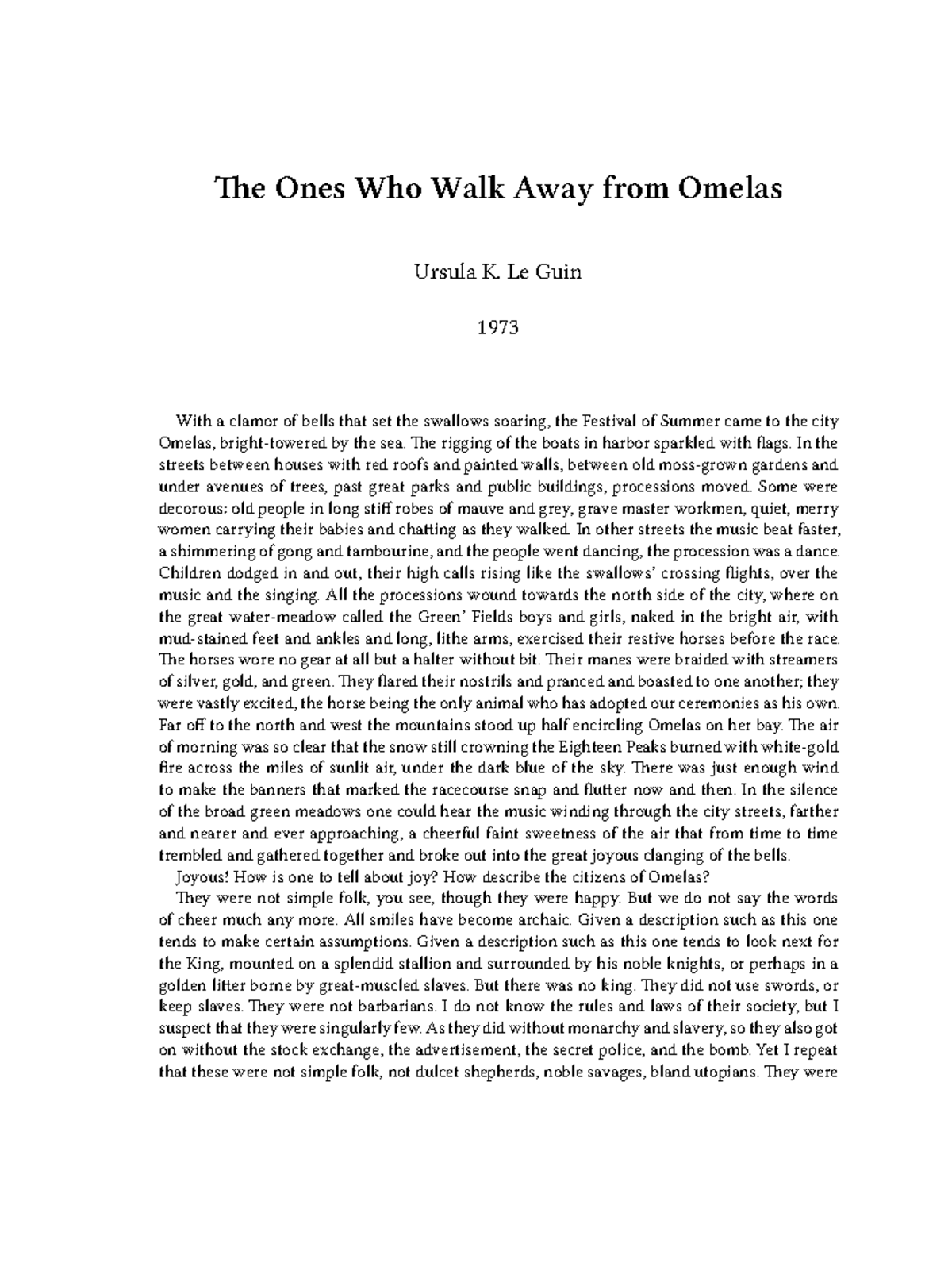 Omelas Le Guin - blah - The Ones Who Walk Away from Omelas Ursula K. Le ...