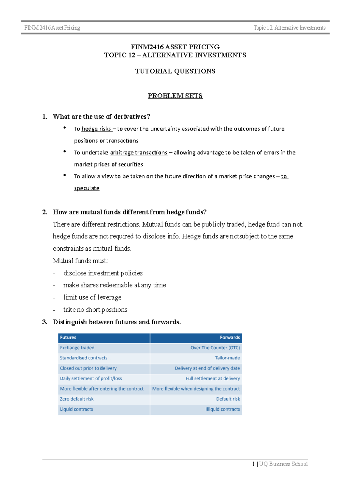 Tutorial QuestionsTutorial Questions and answers for - FINM2416 ASSET ...