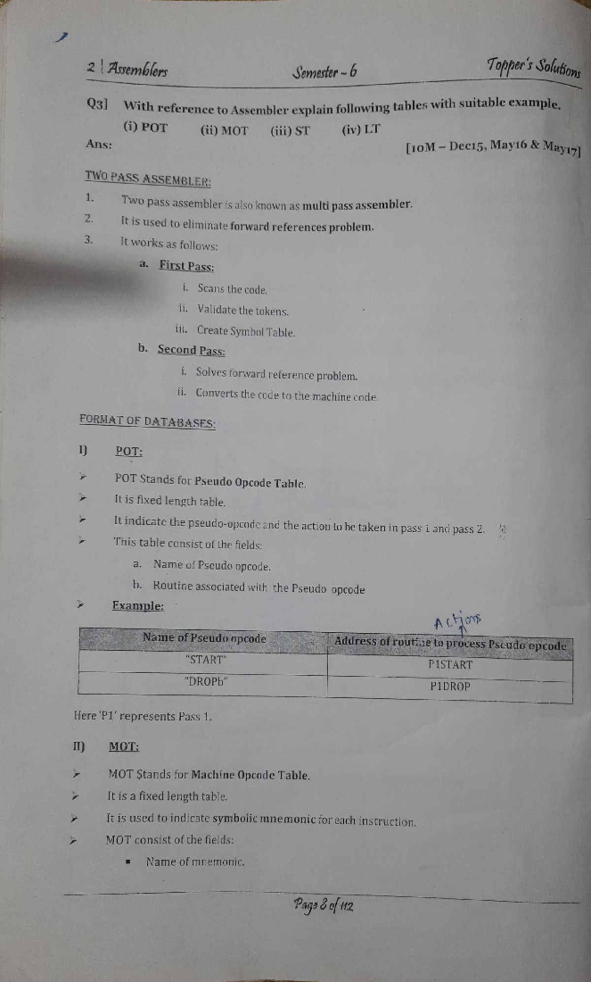 Assembler part 3 - 2 Asemblers Topper s Solutions Semester- wIn reterence to Assembler explain ...