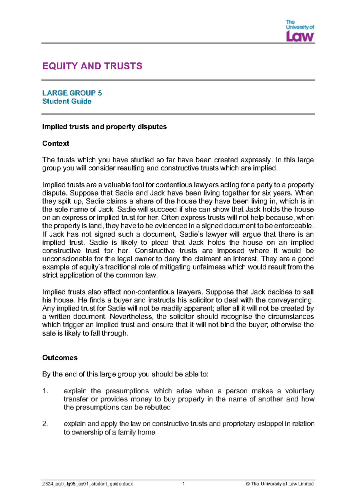 Equity lecture 5 - EQUITY AND TRUSTS LARGE GROUP 5 Student Guide Implied trusts and property ...
