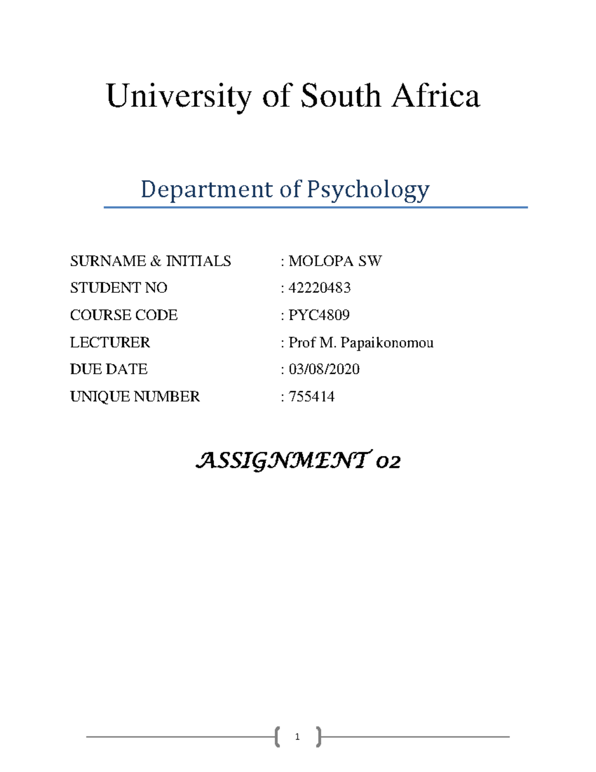 42220483 PYC4809 02 assignment 02 year module - University of South Africa Department of ...