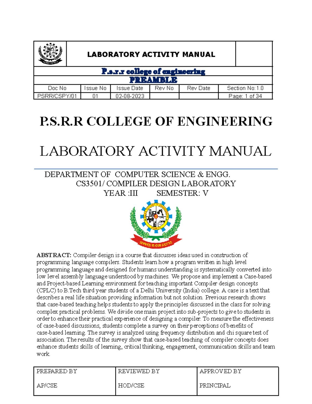 CD LAB manual - P.s.r college of engineering PREAMBLE Doc No Issue No Issue Date Rev No Rev Date ...