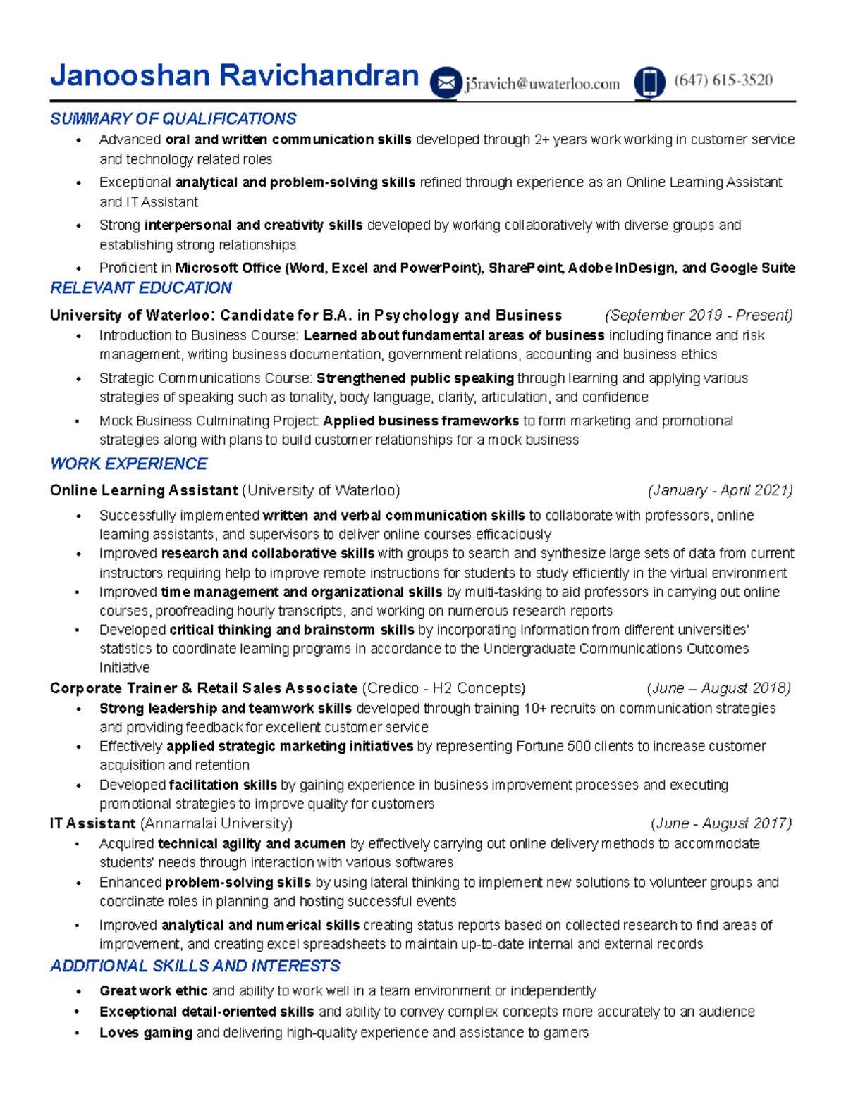 Co-op Resume (1) - Janooshan Ravichandran SUMMARY OF QUALIFICATIONS ...