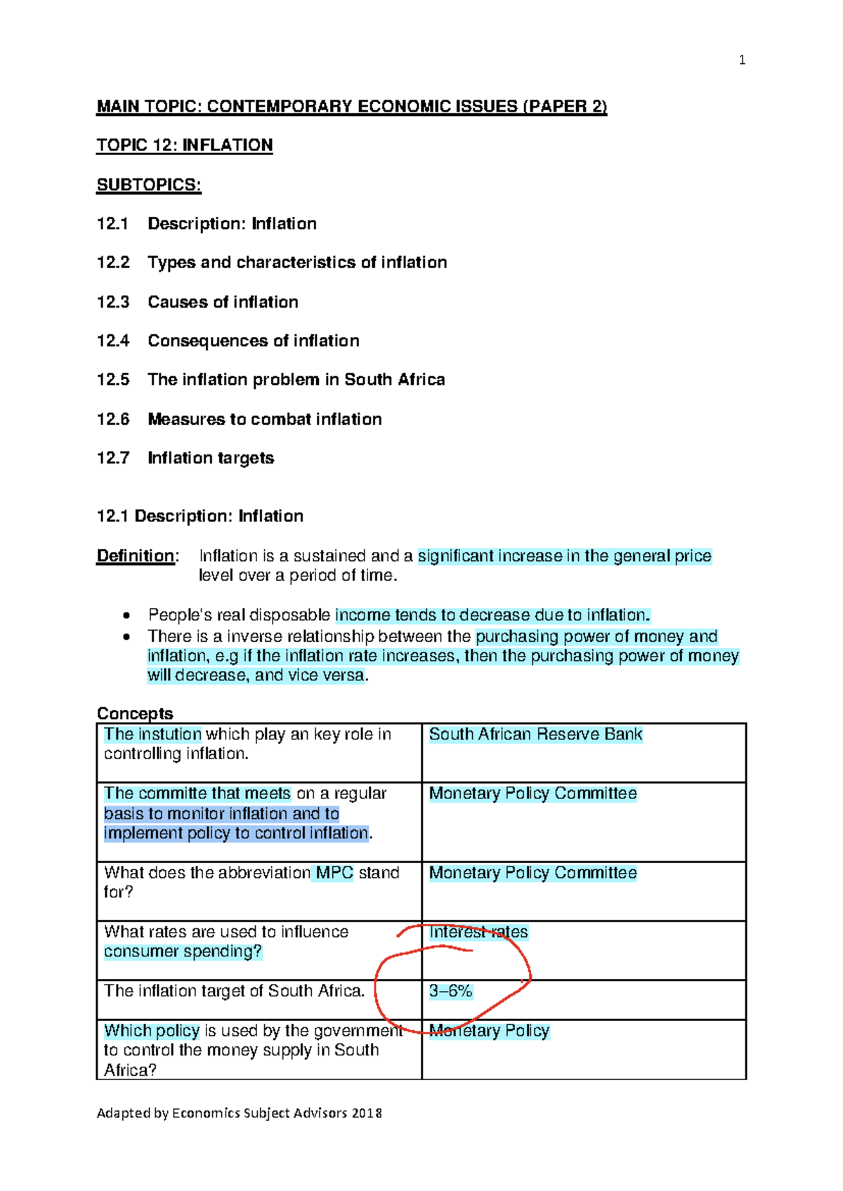 Topic 12 - Inflation-1 - Please provide a concise summary of the key ...