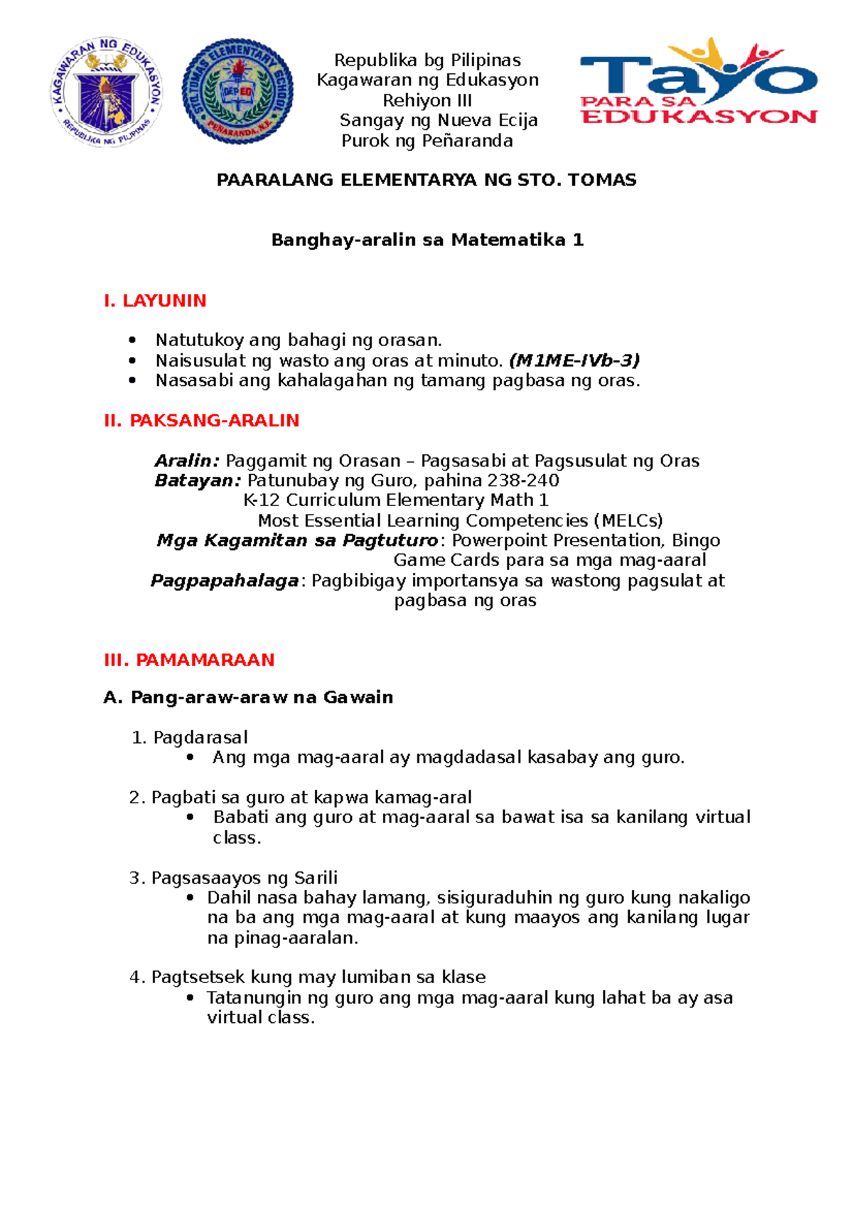Banghay aralin Sa Matematika 1 Sample Lesson Plan In Mathematics 1 