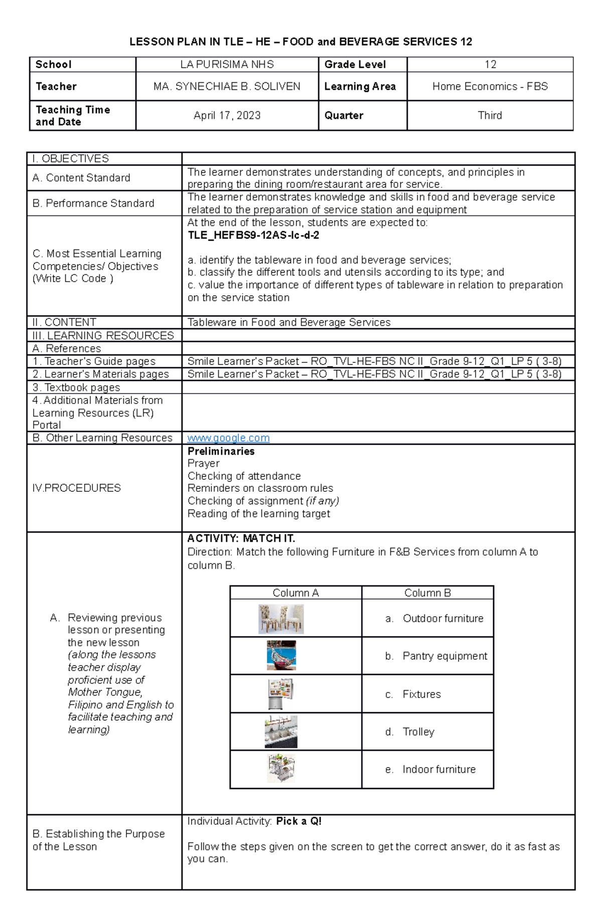 COT-1-Lesson-Plan-2002-2023 - LESSON PLAN IN TLE – HE – FOOD and ...