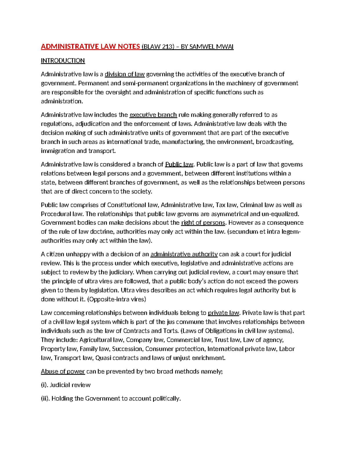 Administrative LAW Notes - ADMINISTRATIVE LAW NOTES (BLAW 213) – BY ...