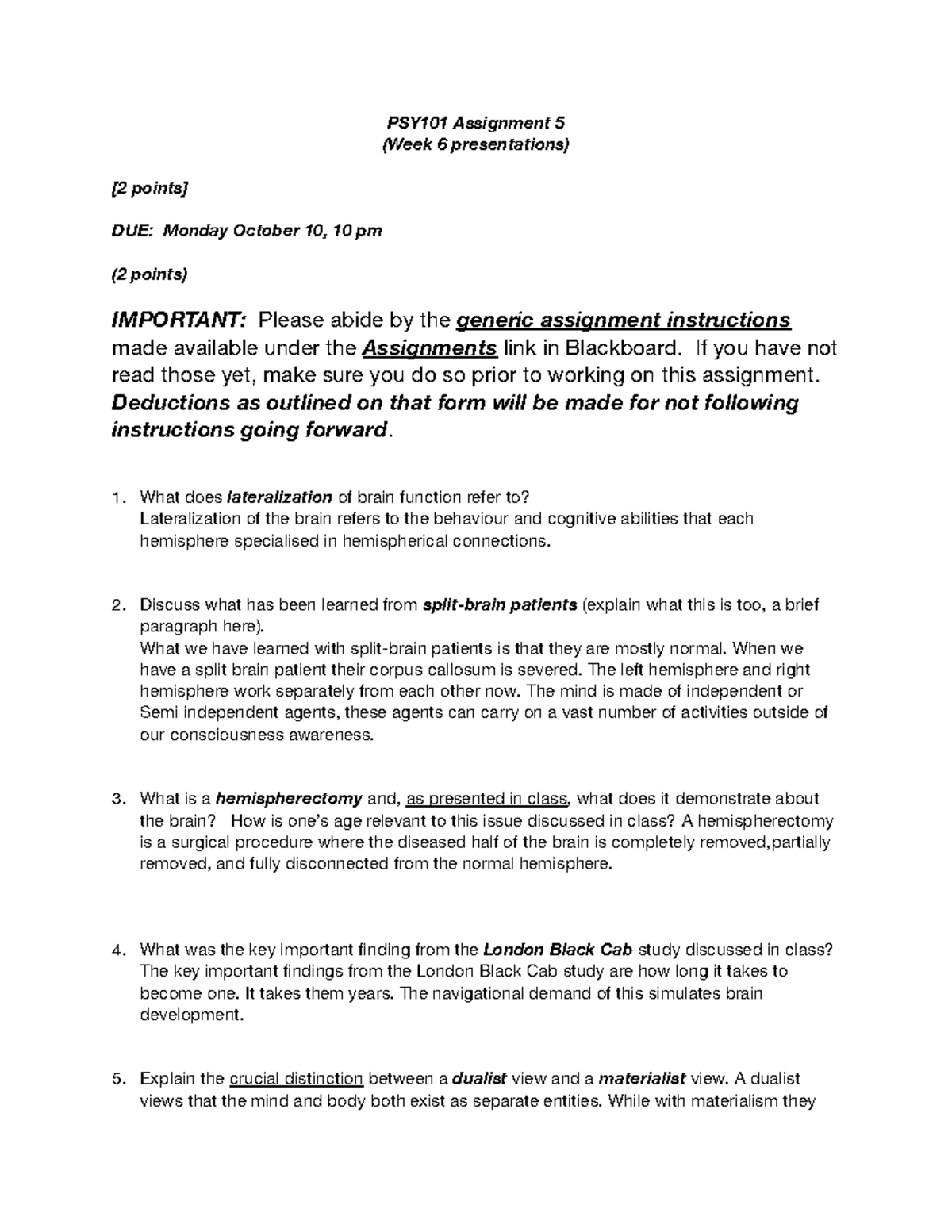 A5-F22 - worksheet over multiple topic on intro to psychology - PSY101 ...