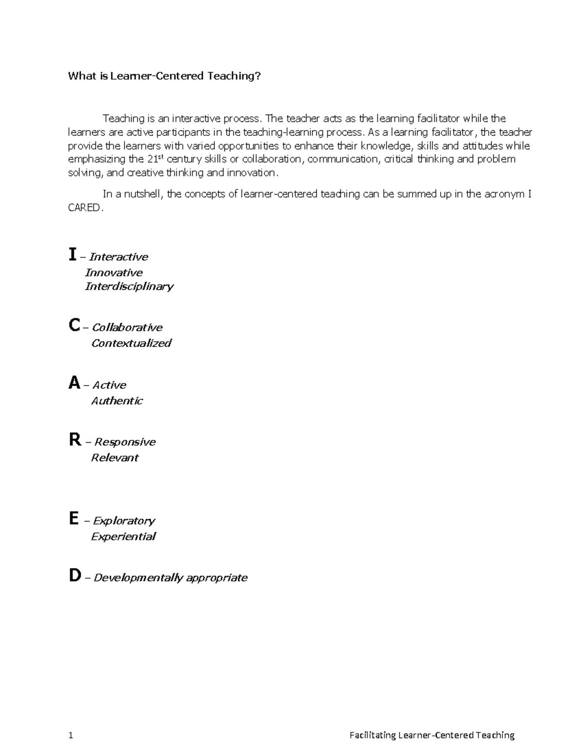 Activity 1 What is Learner - 1 Facilitating Learner-Centered Teaching ...
