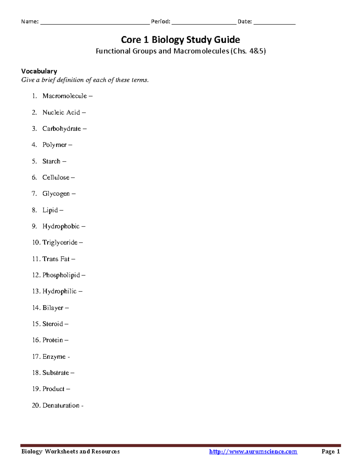 Ch4 & Ch5 Macromolecules Study Guide - Name: __________________________________ Period: - Studocu