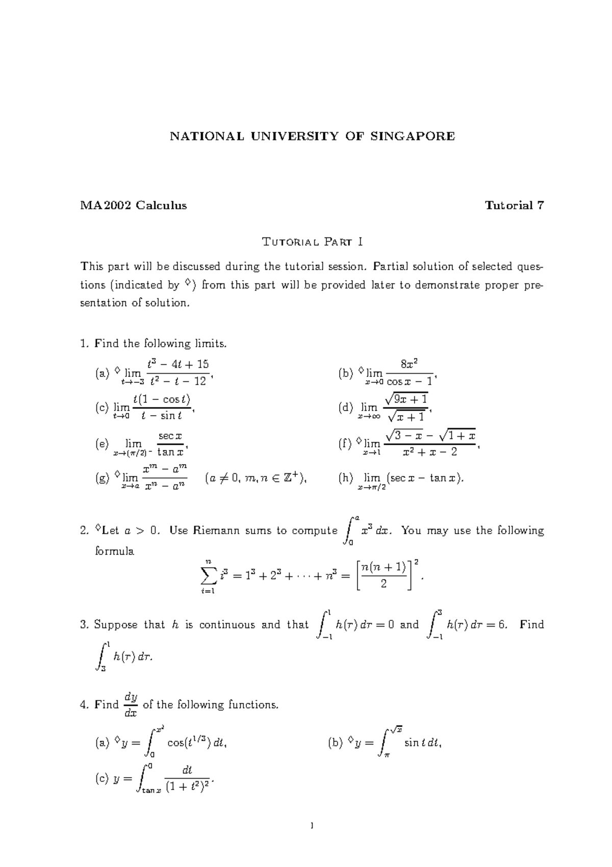 T7 semester 1 2022/2023 - NATIONAL UNIVERSITY OF SINGAPORE MA2002 Calculus Tutorial 7 Tutorial ...