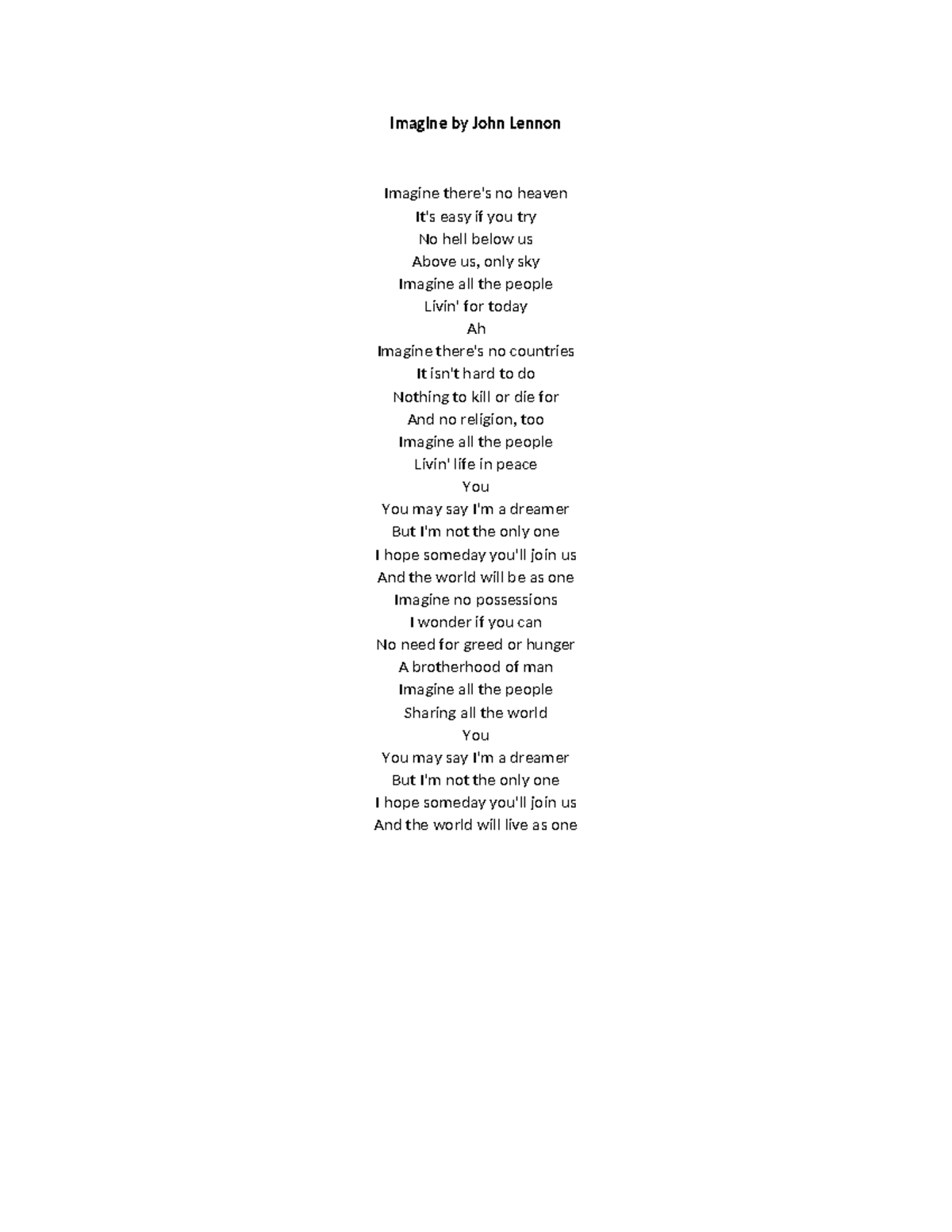 Imagine by John Lennon - Nothing - Imagine by John Lennon Imagine there ...