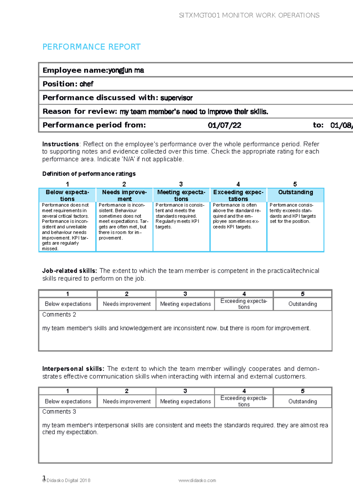 Assessment C Peformance report (gt07882 yongjun ma) - SITXMGT001 ...
