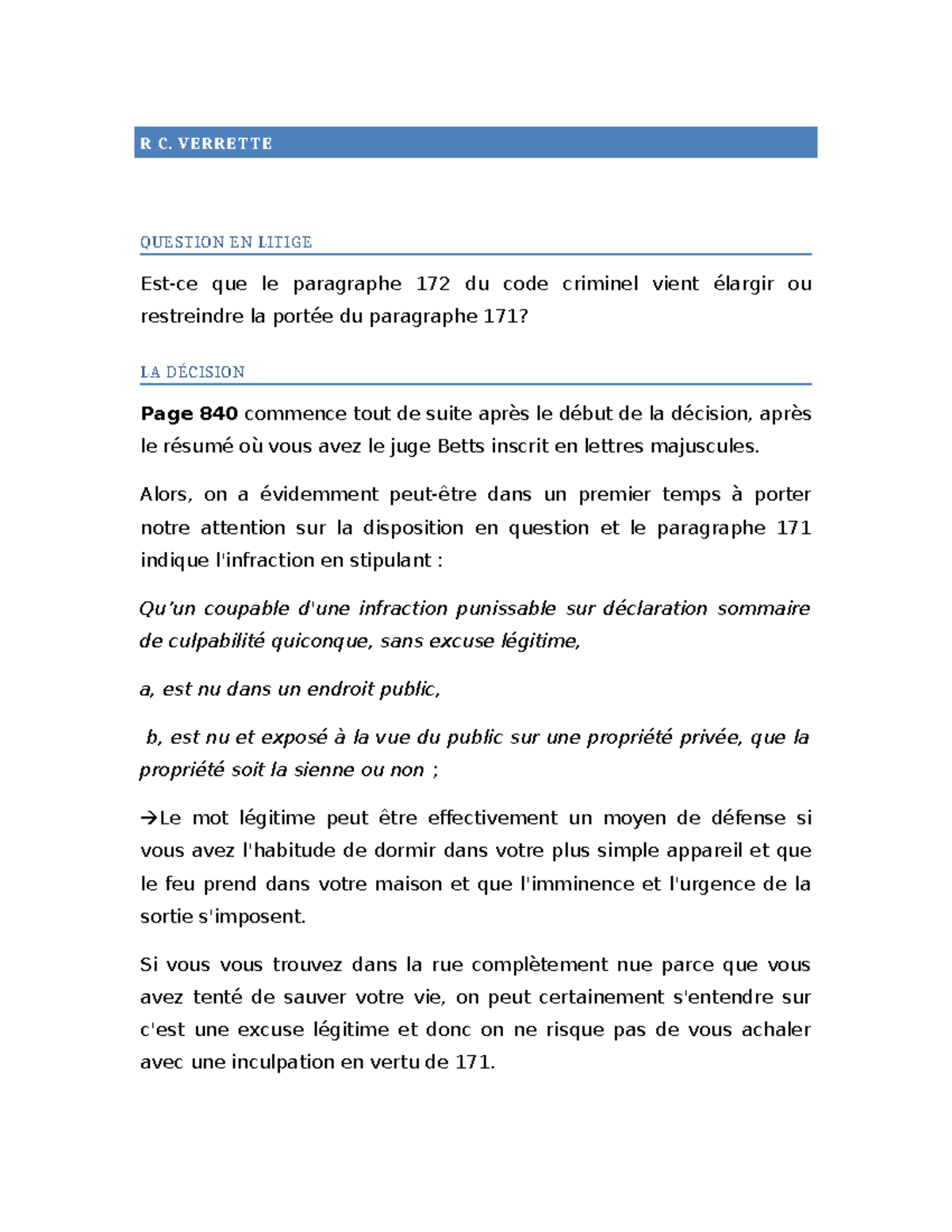 R c Verrette - Résumé Interprétation juridique - R C. VERRETTE QUESTION ...