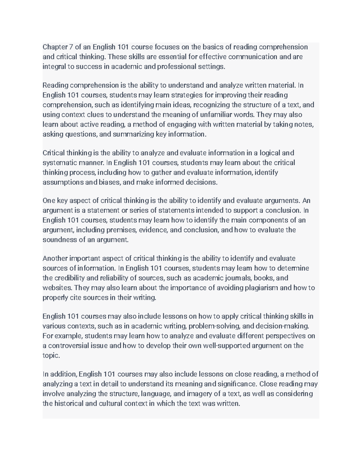 English 101 Chapter 6 - Chapter 7 of an English 101 course focuses on ...