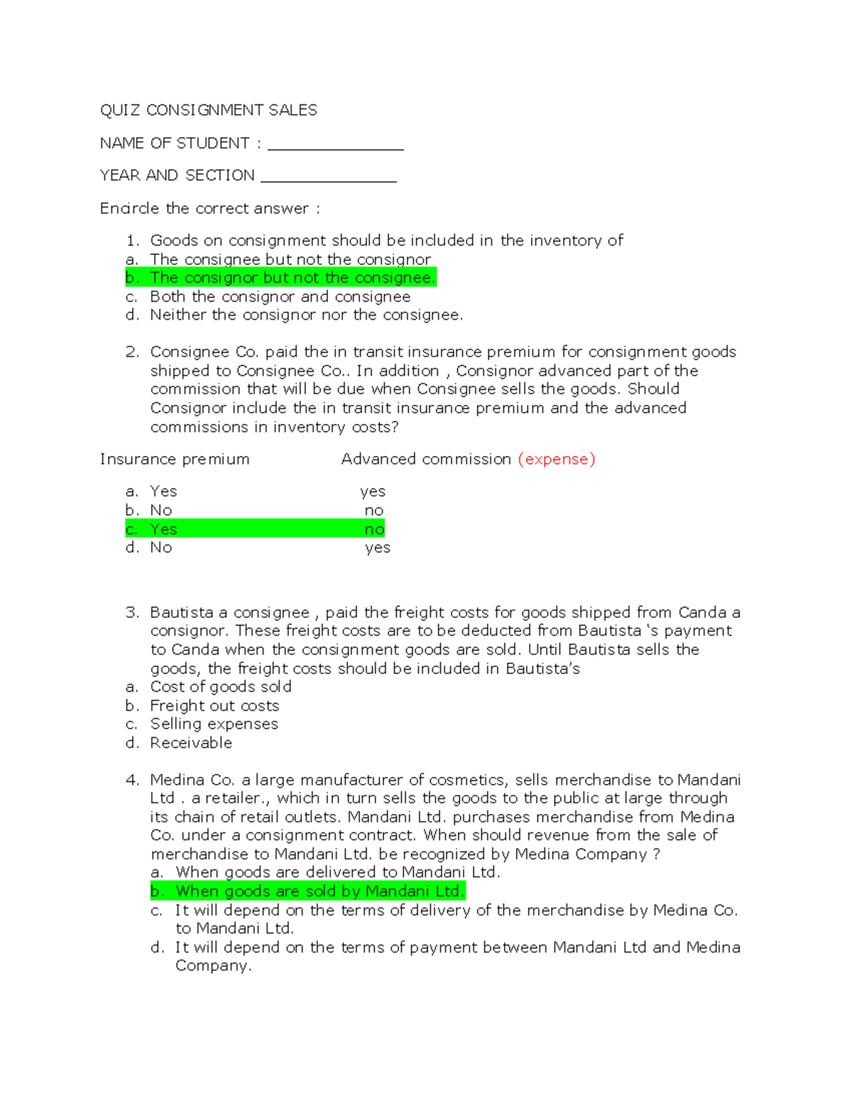 QUIZ- Consignment- Sales - QUIZ CONSIGNMENT SALES NAME OF STUDENT ...