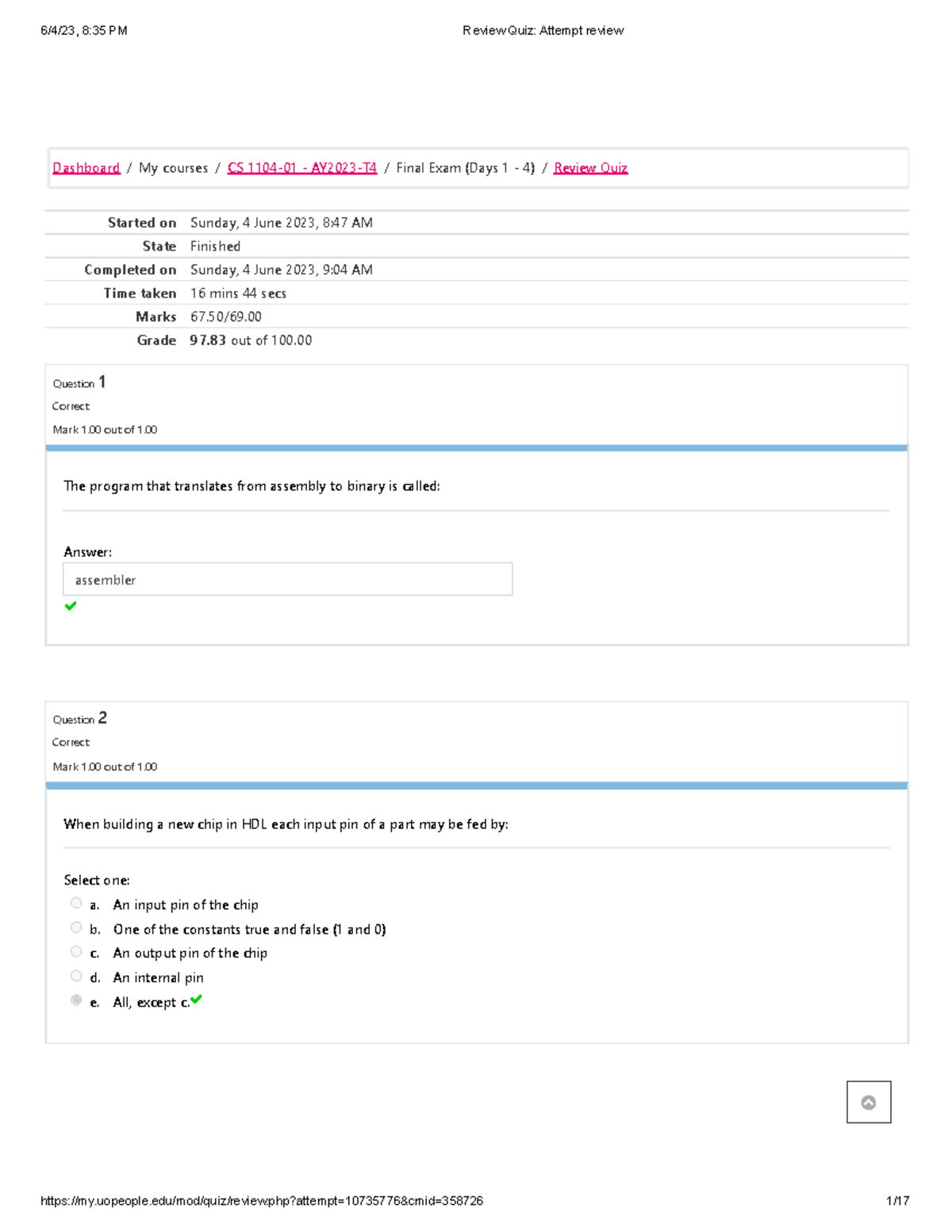Review Quiz Attempt Review Started On Sunday 4 June 2023 847 Am State Finished Completed On