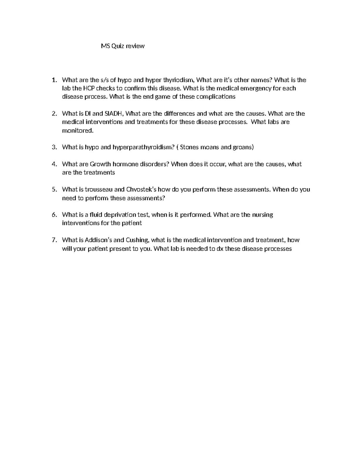 MS Quiz review - MS Quiz review What are the s/s of hypo and hyper ...