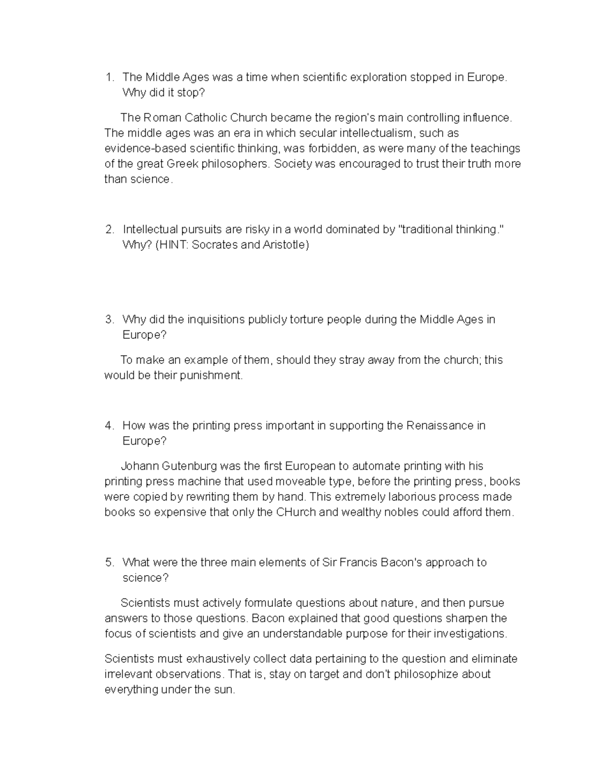 Study Guide Part B - The Middle Ages was a time when scientific ...