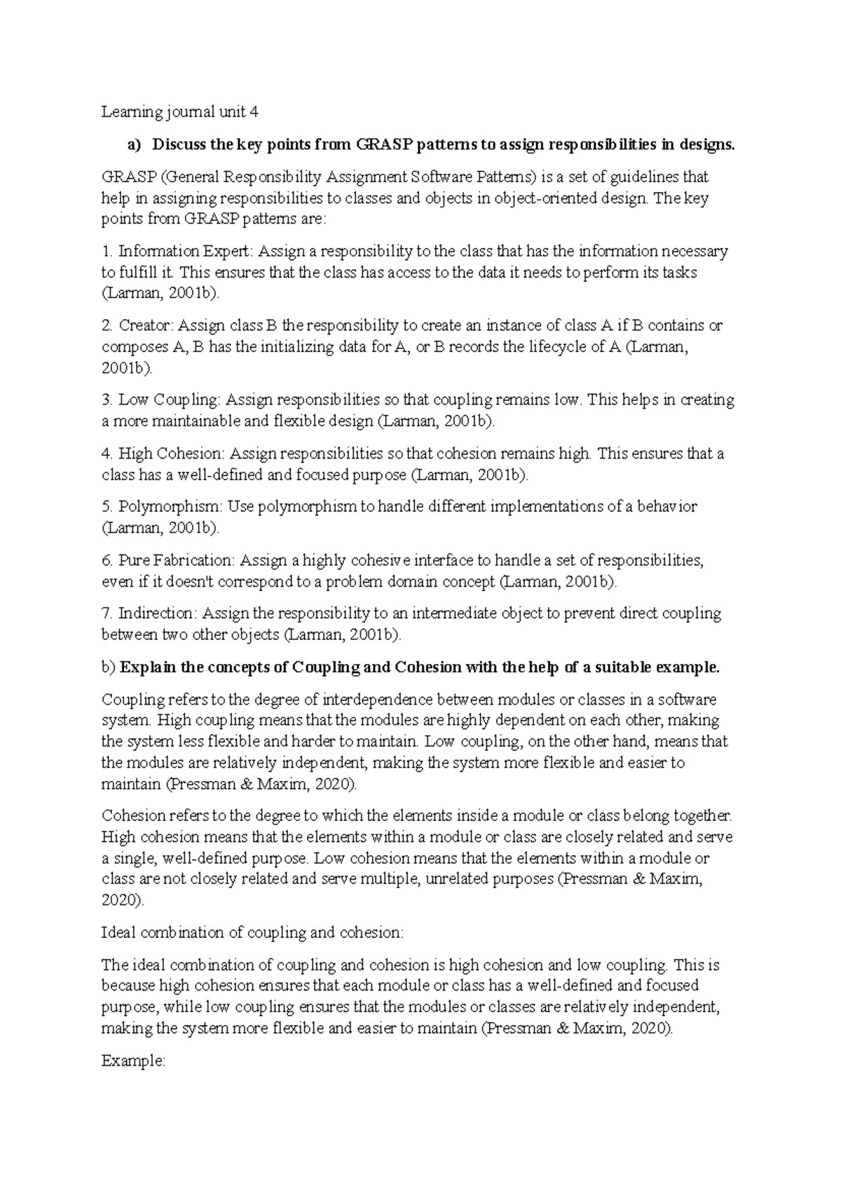 Learning journal unit 4 - GRASP (General Responsibility Assignment ...