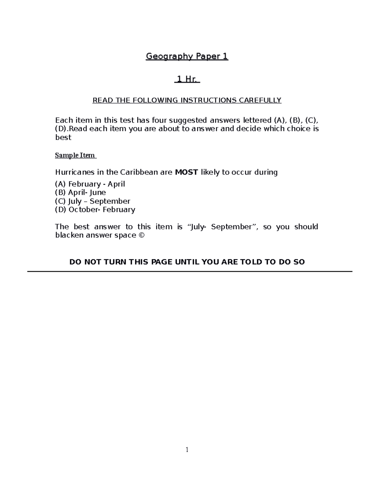 Form 4 Term 2 - CSEC - Geography Paper 1Geography Paper 1 1 Hr Hr. READ ...