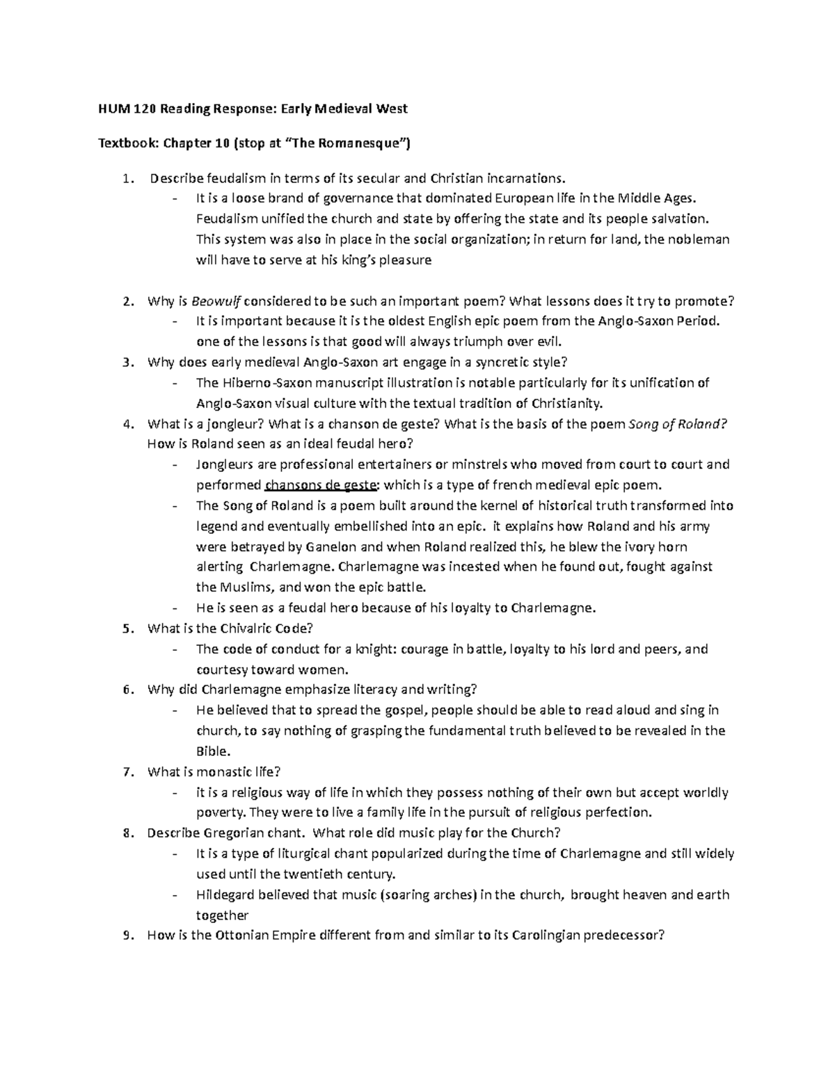 HUM 120 Reading Response Early Medieval - It is a loose brand of ...