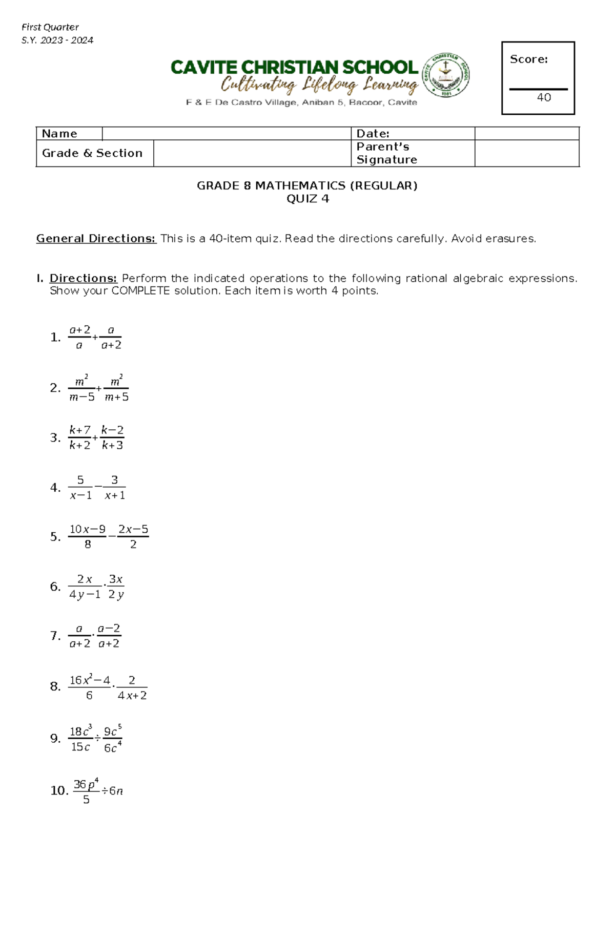 1STQ G8 QUIZ4 - quiz - Name Date: Grade & Section Parent’s Signature ...