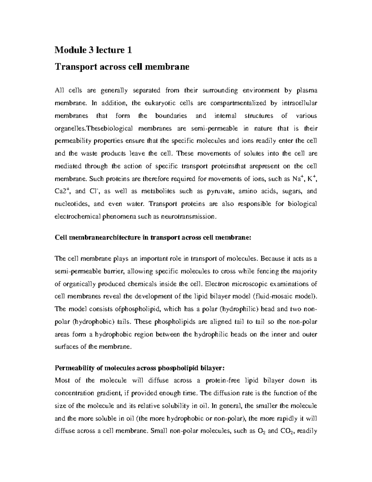 Mod3 - CELL BIOLOGY - Module 3 lecture 1 Transport across cell membrane ...