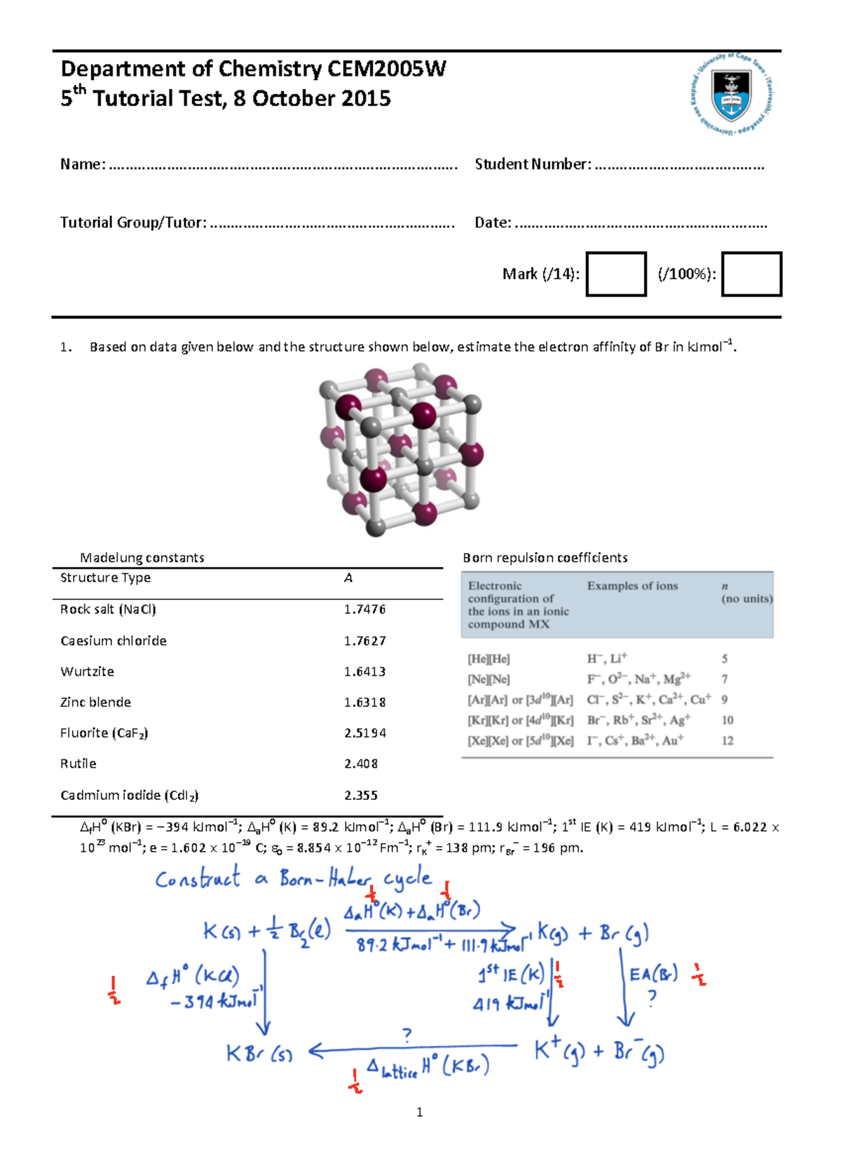 CEM2005 W 2015 - Tut 5 Test A solutions 1 - Department of Chemistry ...