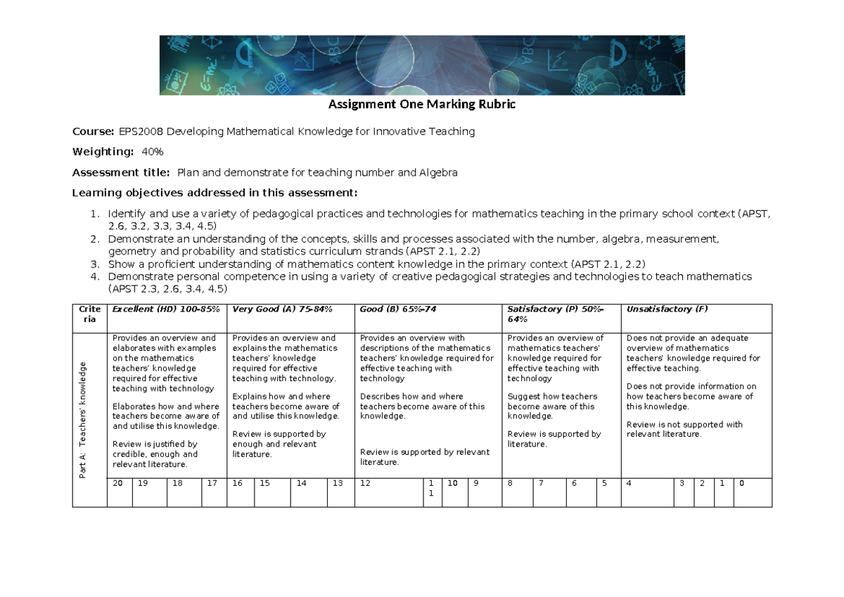 Rubric Assignment 1 - Assignment One Marking Rubric Course: EPS2008 Developing Mathematical ...