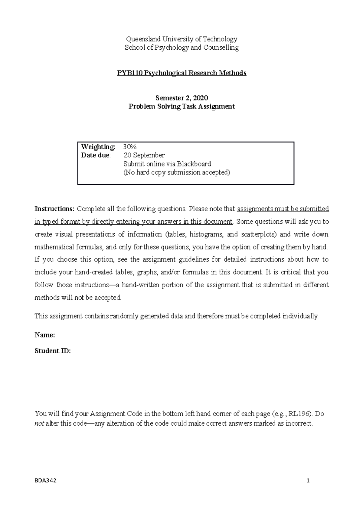 PYB110 Assignment 2020 - Queensland University of Technology School of ...